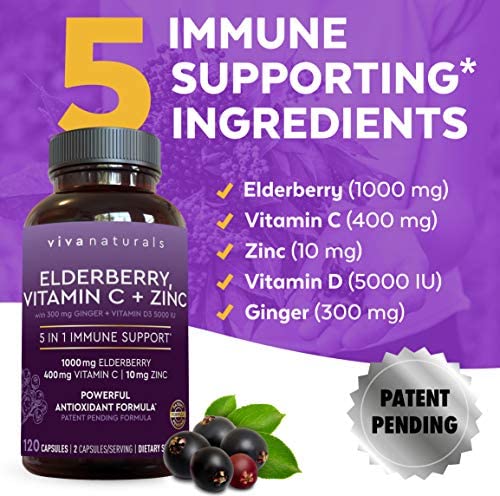 Viva Naturals Elderberry, Vitamin C, Zinc, Vitamin D 5000 IU & Ginger ...